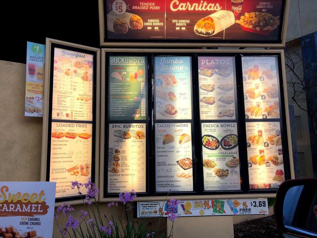 Menu at Del Taco fast food, Ontario, Motor Ln