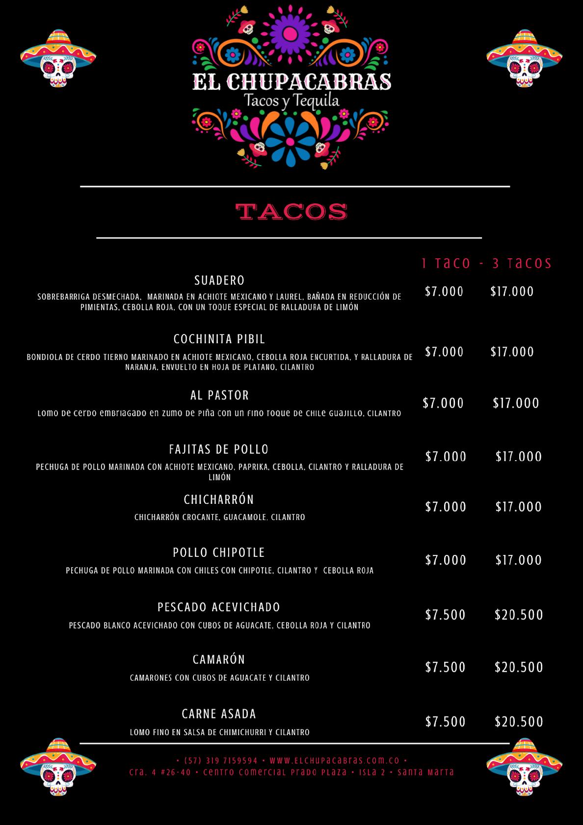 Carta del restaurante El Chupacabras Tacos Y Tequila, Santa Marta