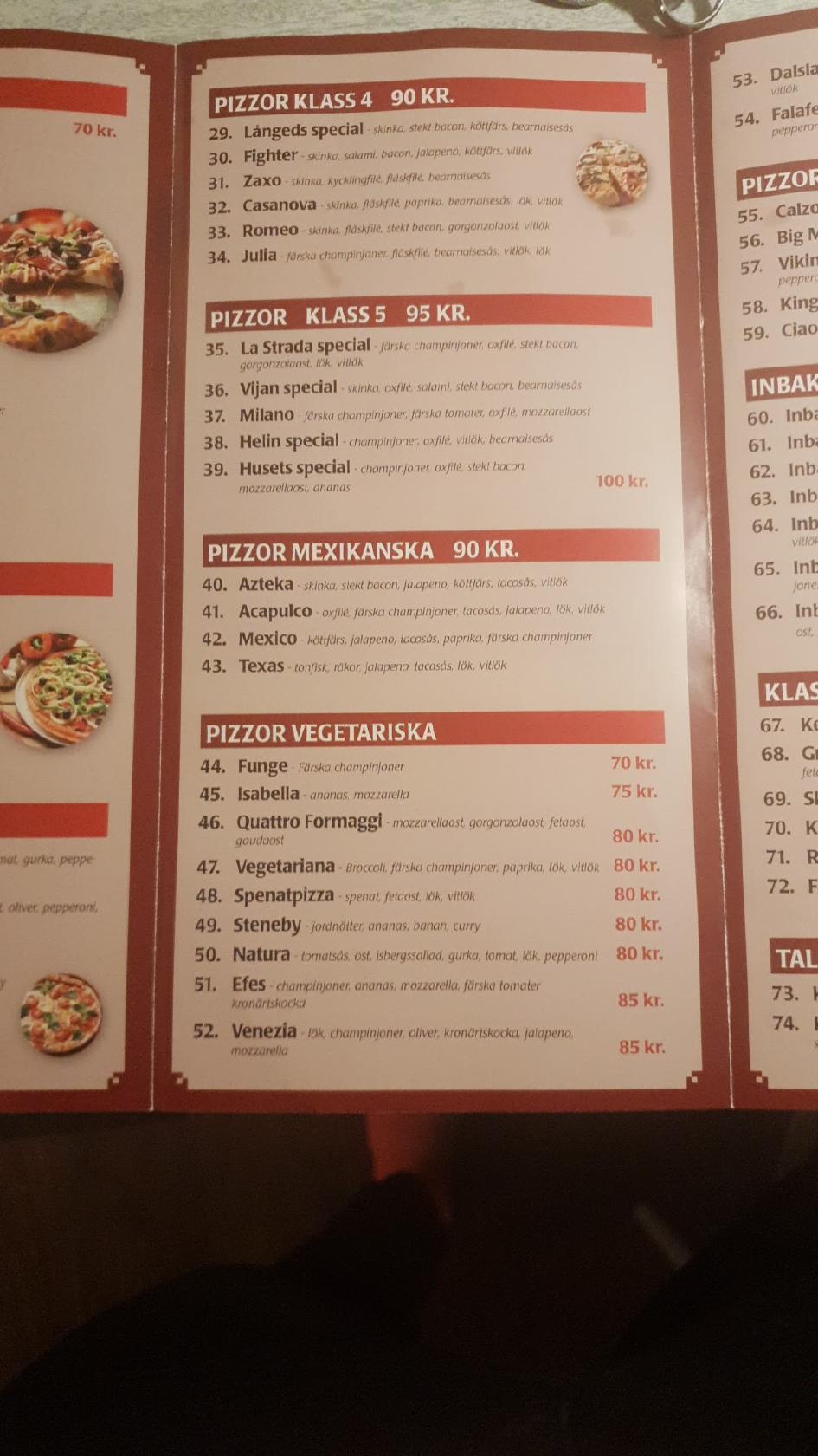 Carta de La Strada Restaurant & Pizzeria, Dals Långed