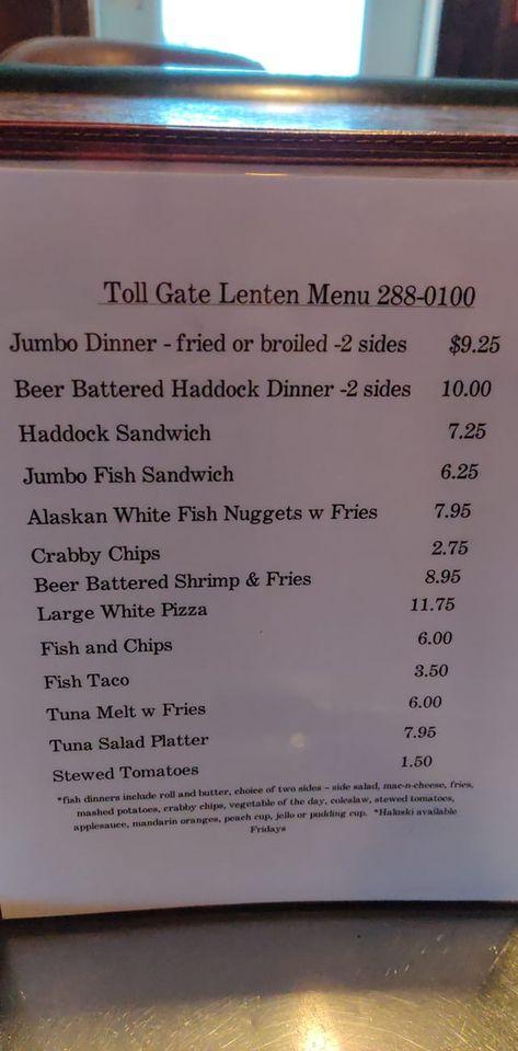 Menu at Old Toll Gate Inn restaurant, Johnstown