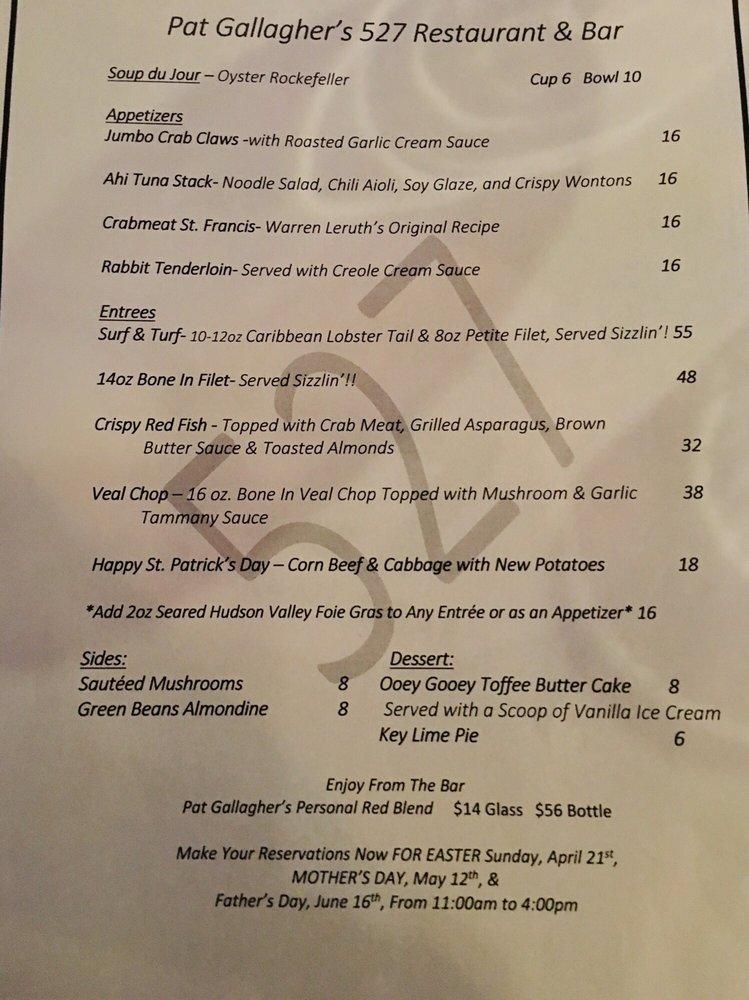 Menu at Pat Gallagher's 527 Restaurant & Bar, Mandeville