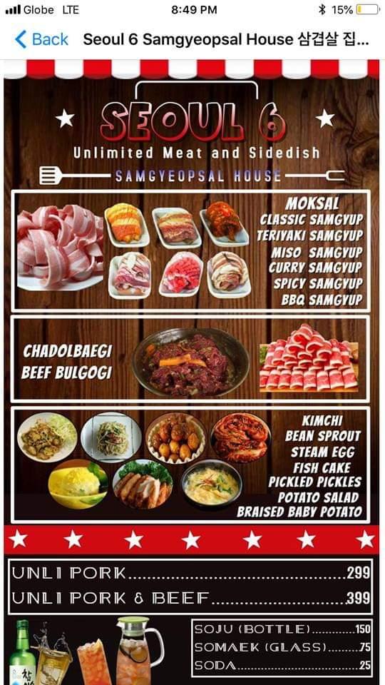 Carta del restaurante Seoul6 samgyeopsal house, Ciudad Quezon