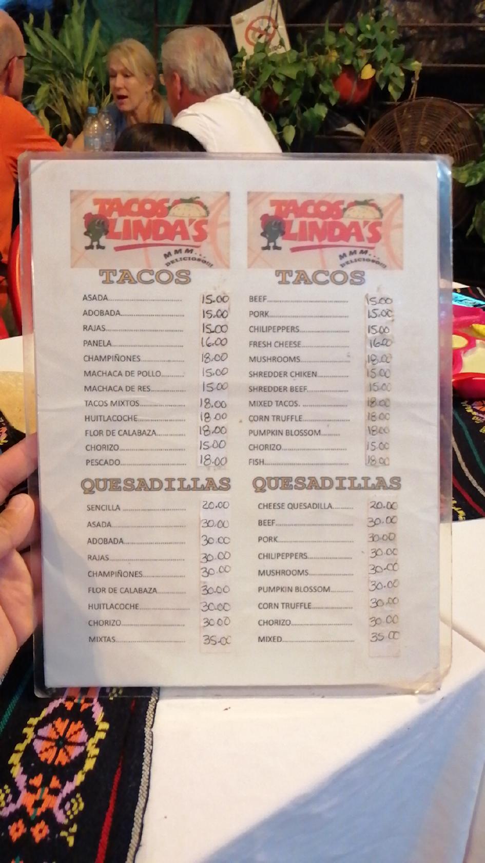 Menu at Tacos Lindas restaurant, Bucerías