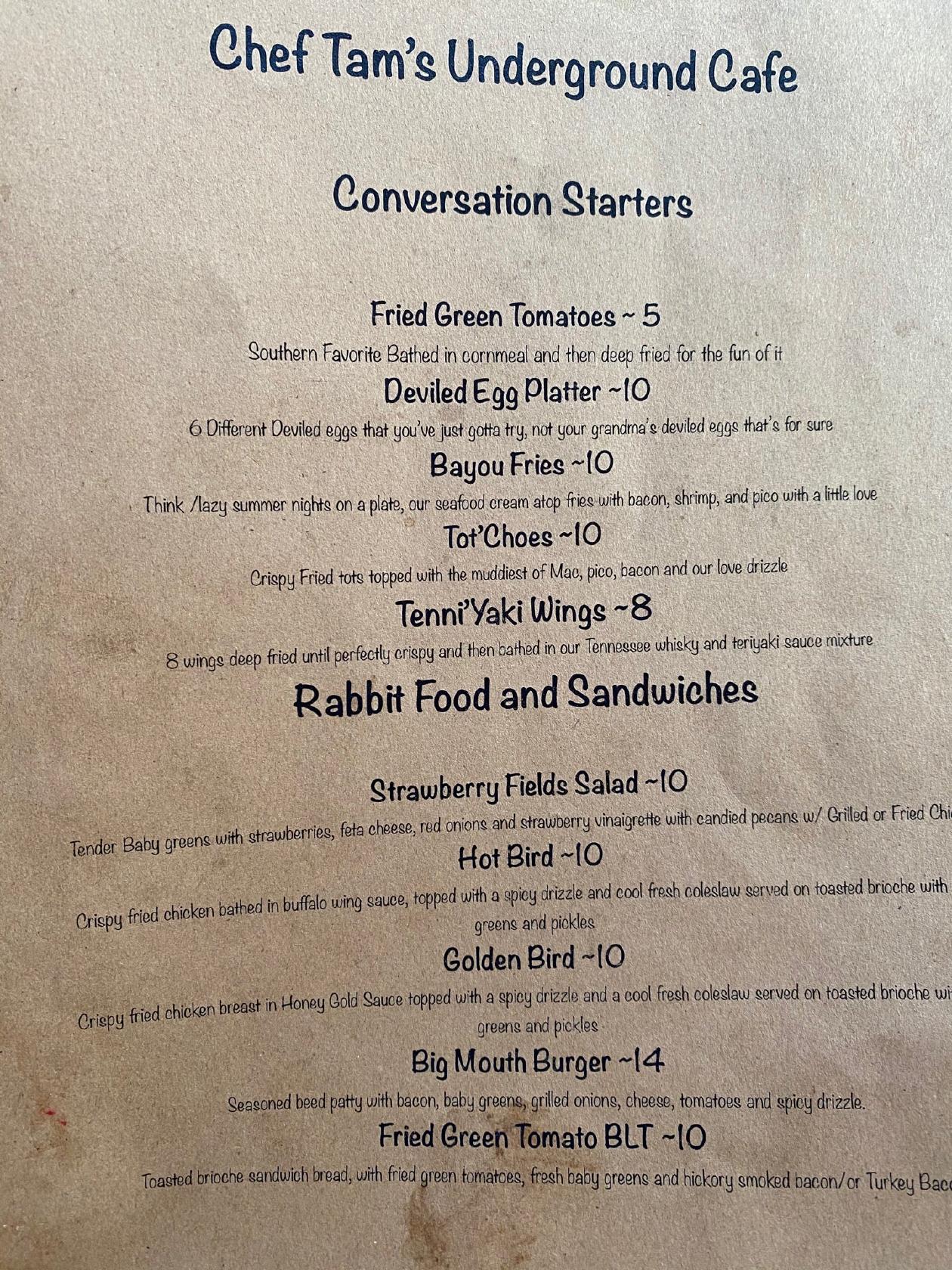 Menu at Chef Tam's Underground Cafe, Memphis, 668 Union Ave