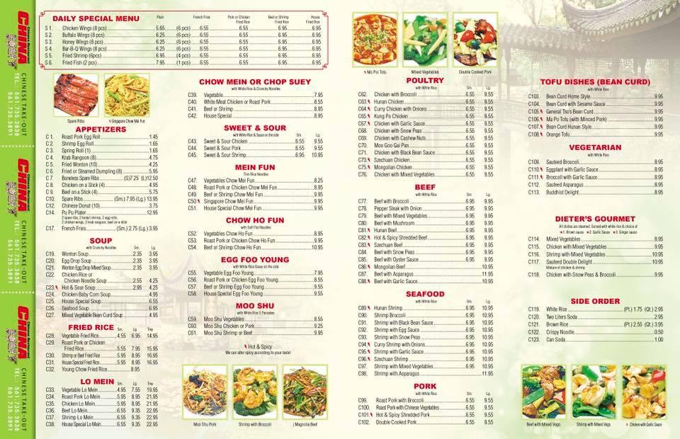 Menu at China Hut restaurant, Boynton Beach, Le Chalet Blvd #18