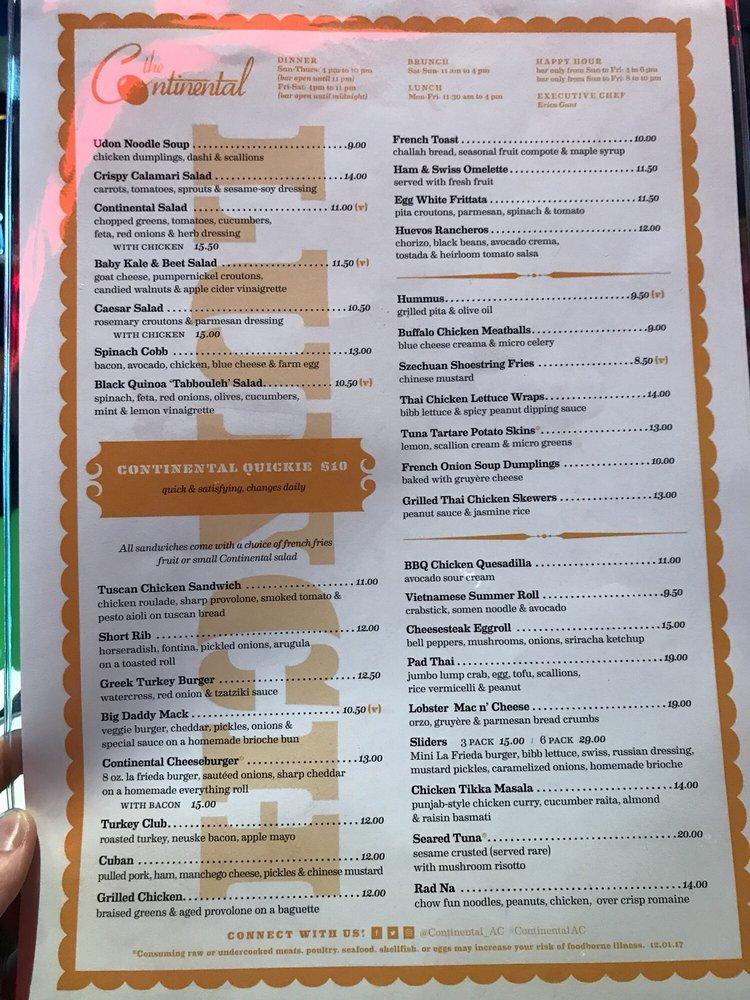 Menu at Continental pub & bar, Atlantic City