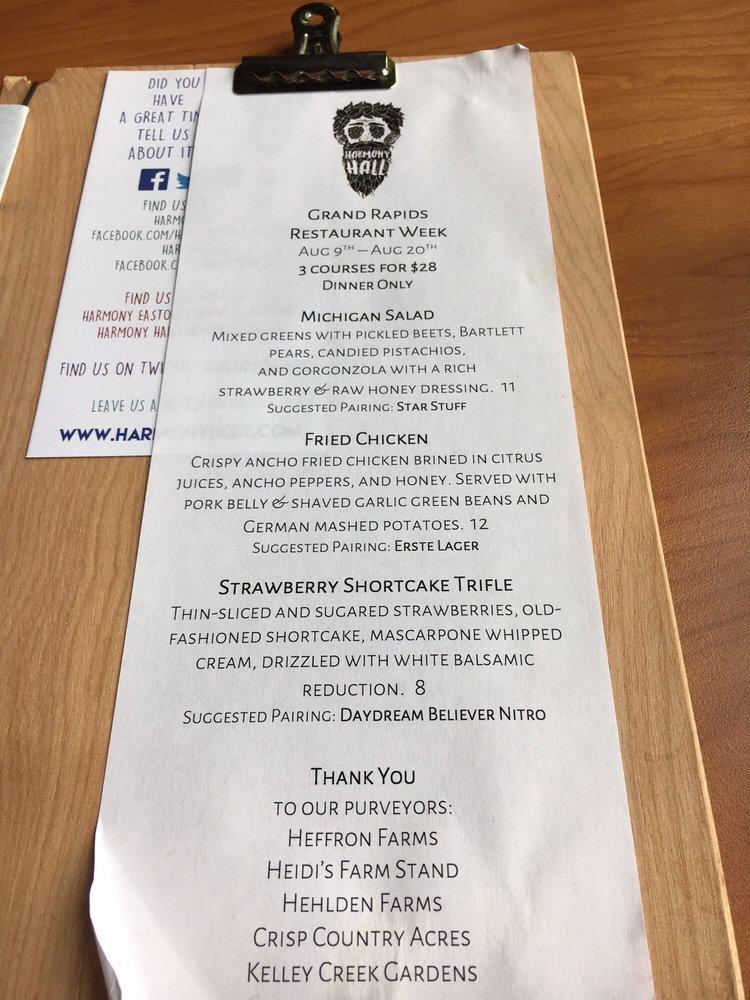 Menu at Harmony Hall pizzeria, Grand Rapids