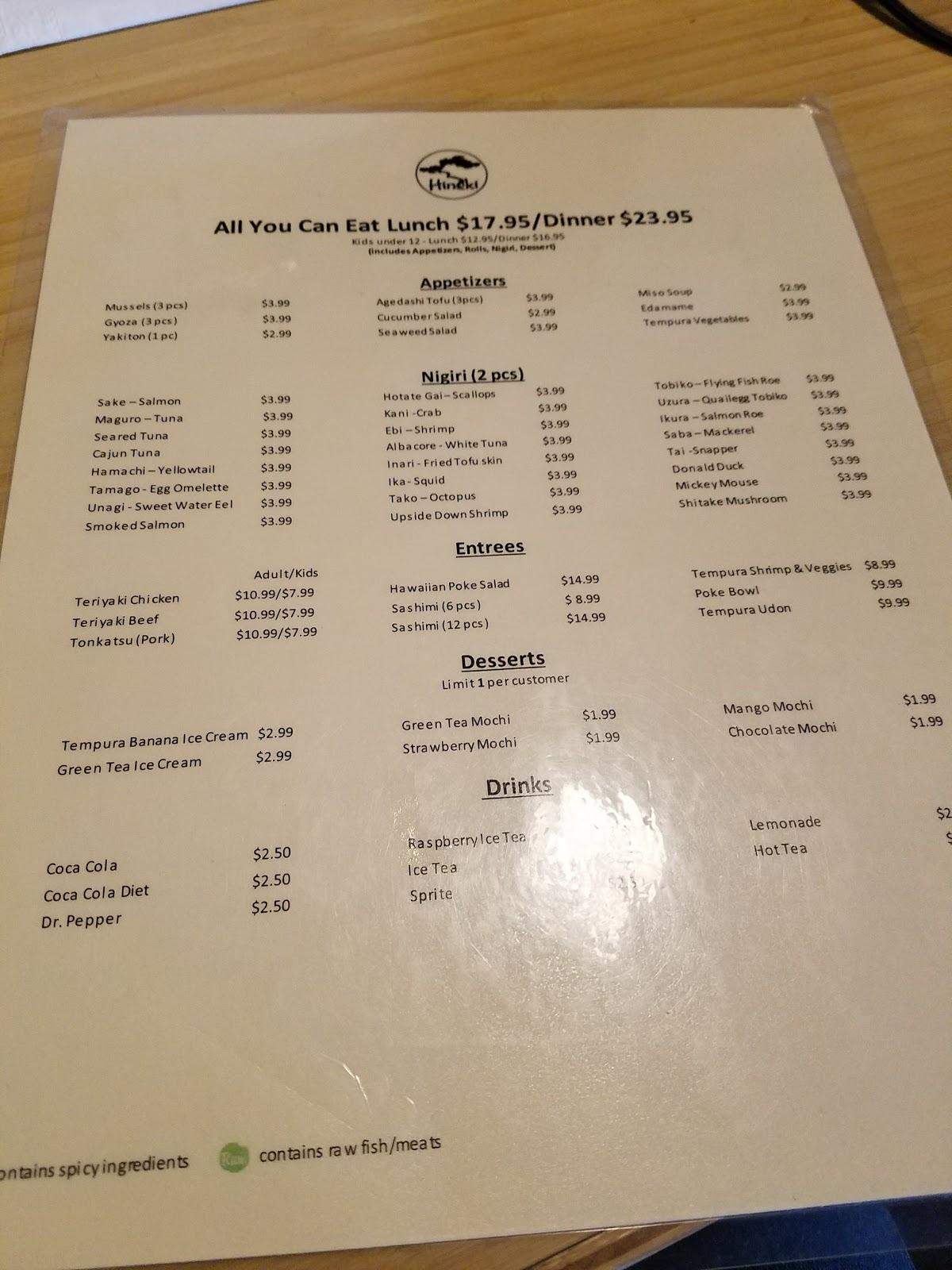 Menu at Hinoki Sushi restaurant, Reno