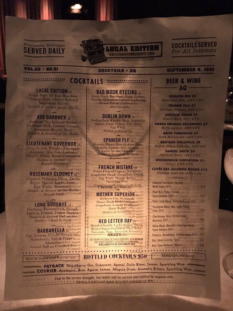Menu at Local Edition pub & bar, San Francisco