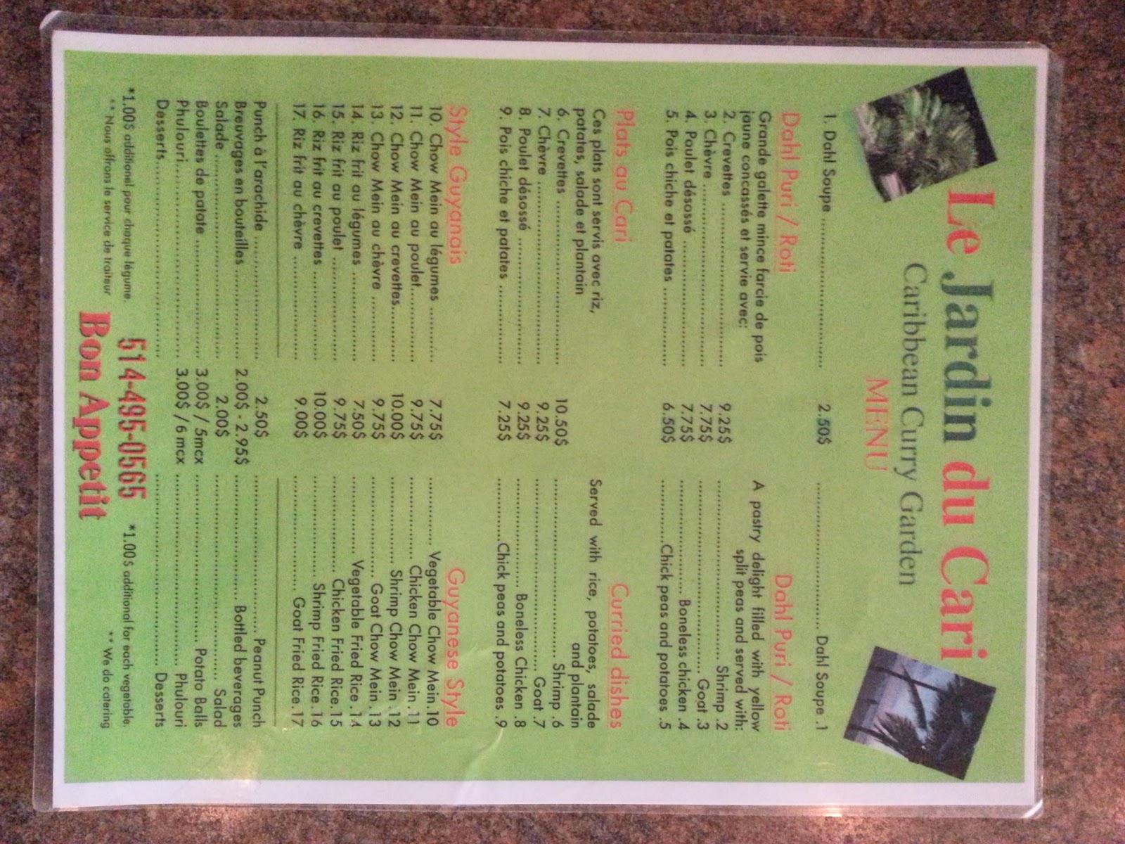 Menu at Le Jardin Du Cari restaurant, Montreal