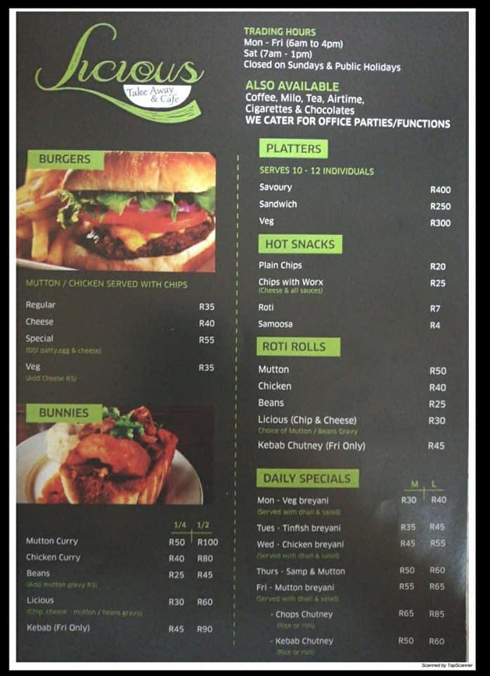 Menu at Licious Cafe And Take Away, Durban