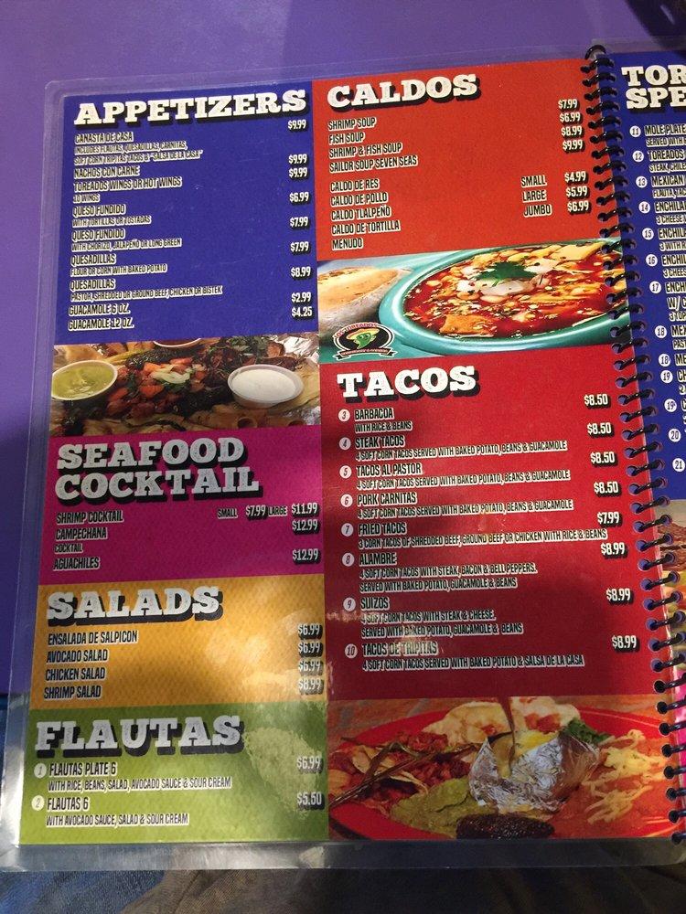 Menu at Los Toreados restaurant, El Paso, Alameda Ave