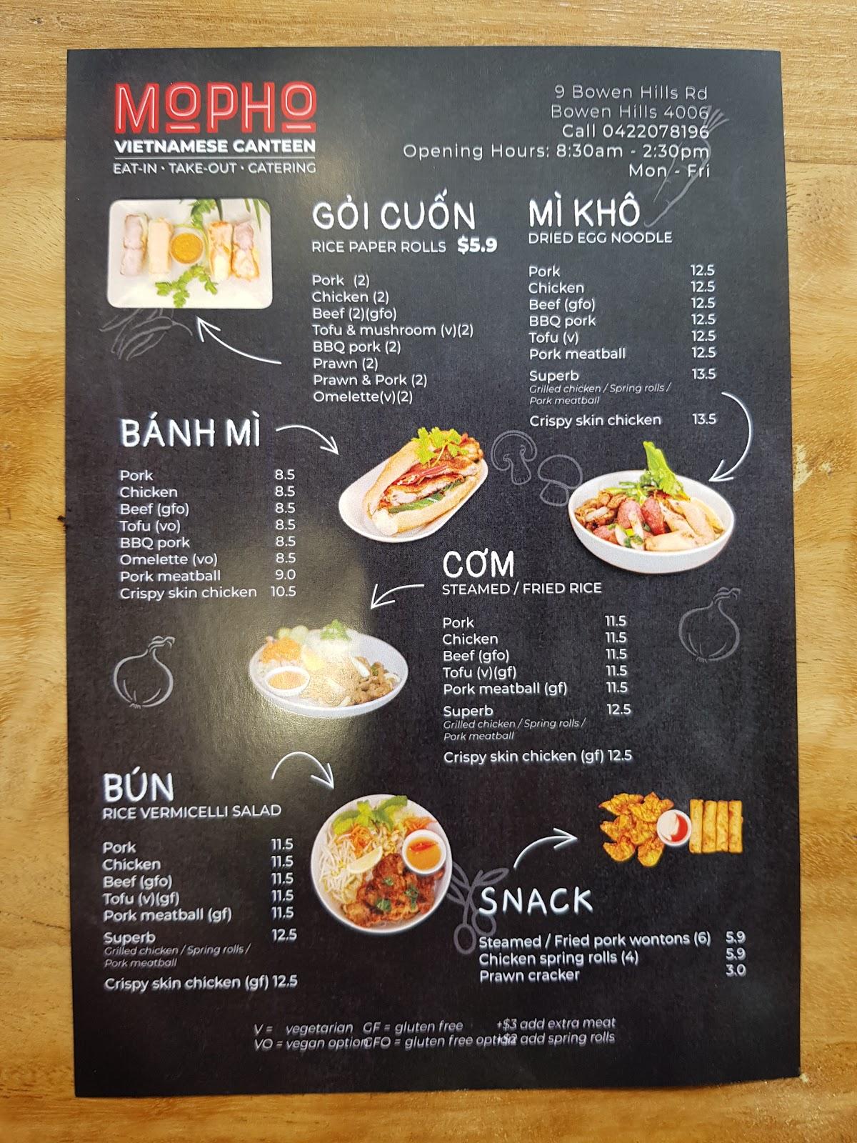 Menu at Mo'Pho Vietnamese Canteen restaurant, Herston