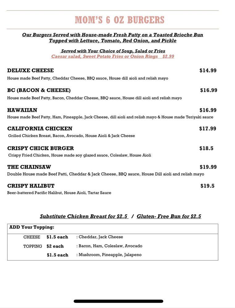 Menu at Mom's Cafe, Sooke
