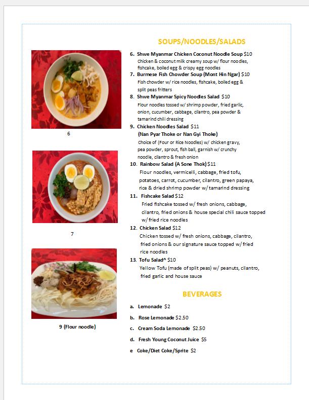 Menu at Shwe Myanmar Burmese Cuisine restaurant, Livermore