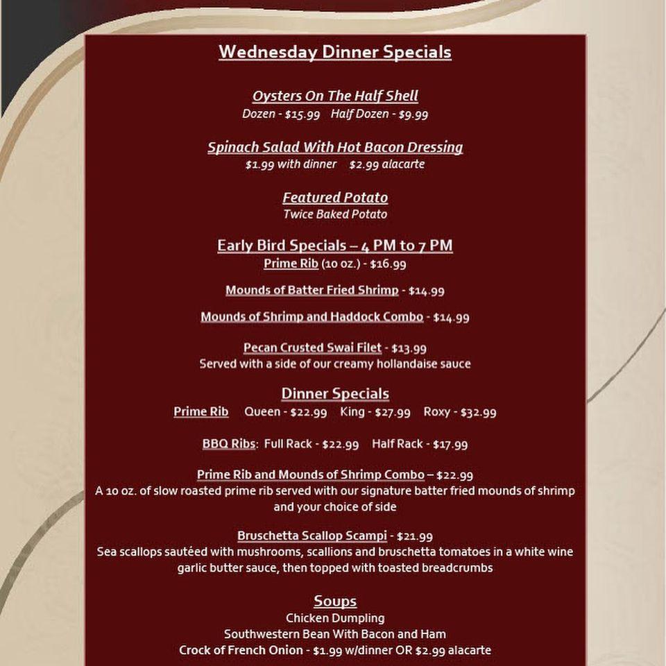 Menu at The Roxy Supper Club, Oshkosh