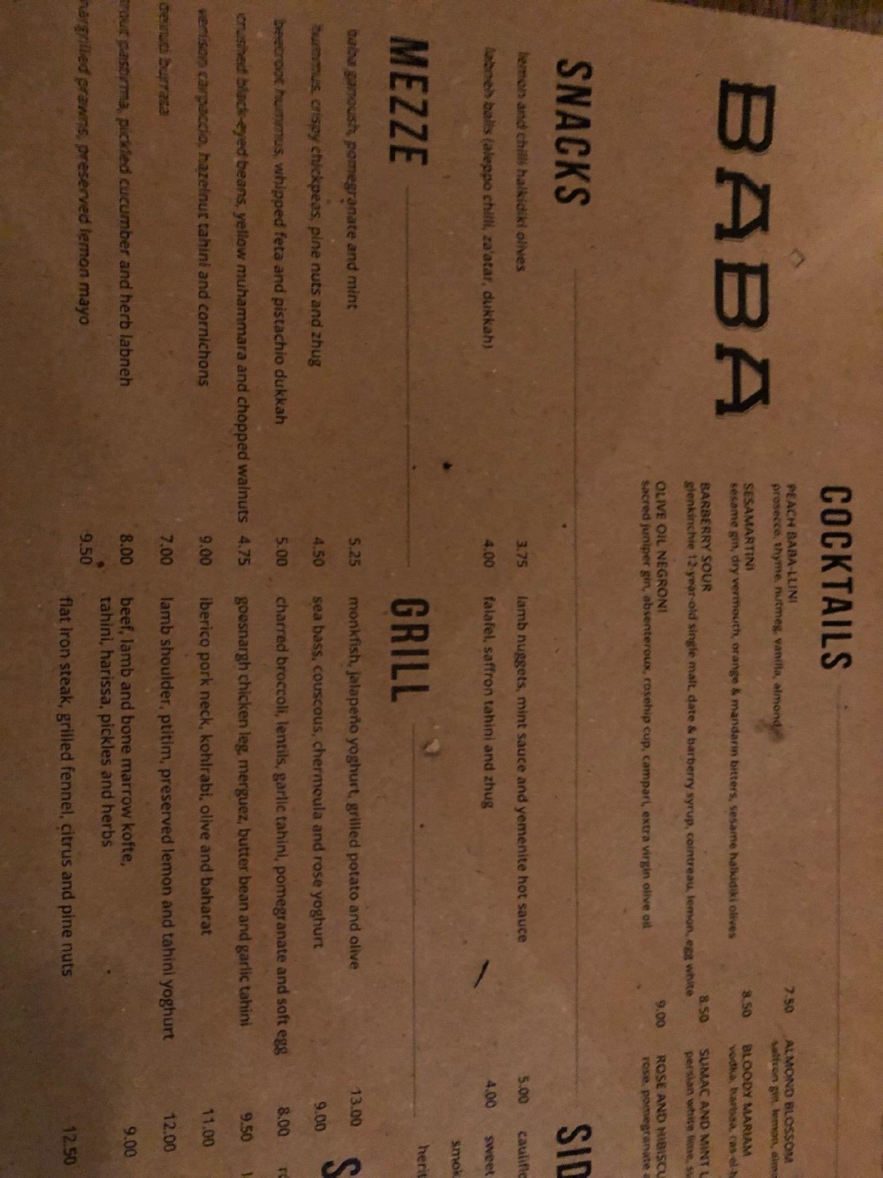 Menu at BABA pub & bar, Edinburgh