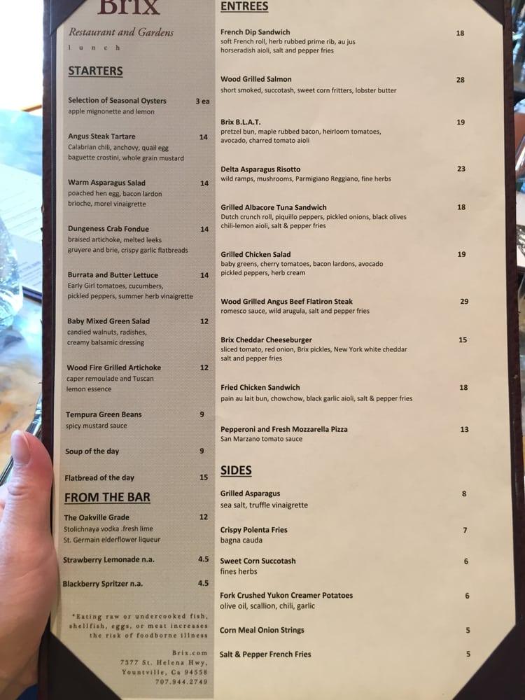 Menu at Brix Napa Valley pub & bar, Yountville