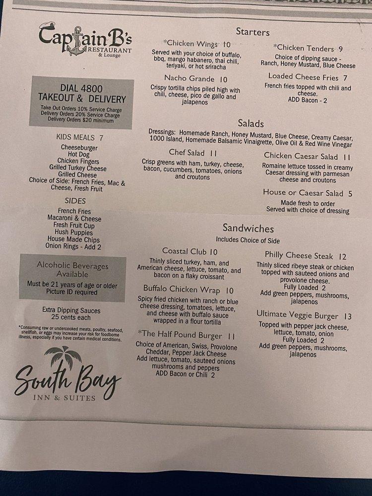 Menu at Captain B's pub & bar, Myrtle Beach