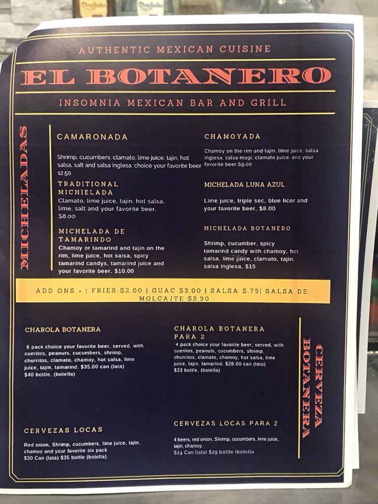 Carta de El Botanero Insomnia Mexican Bar And Grill, Pittsburgh