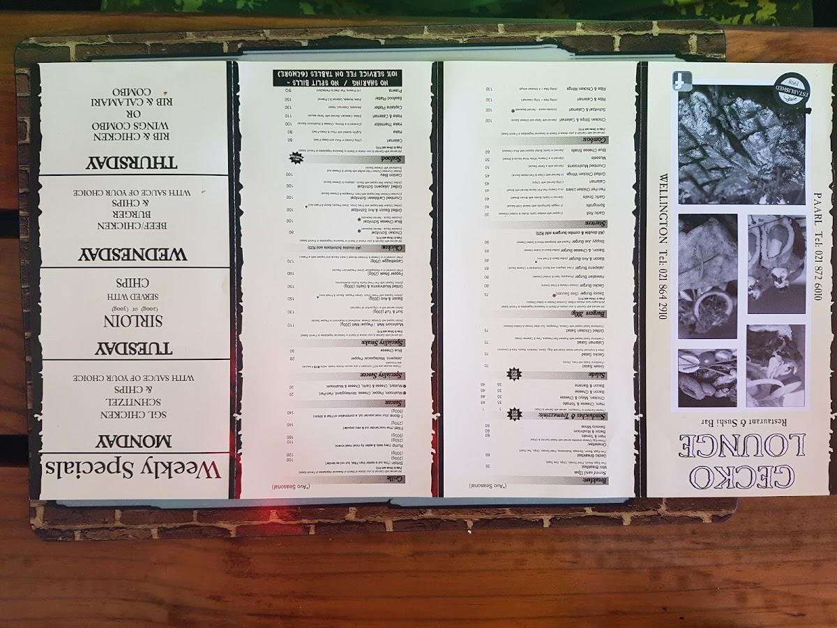 Menu at Gecko Lounge Wellington restaurant, Wellington, 41 Main Road
