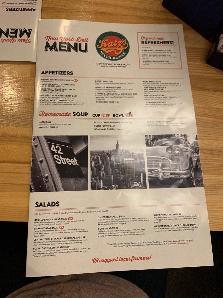 Menu at Katz's restaurant, Houston, 616 Westheimer Rd