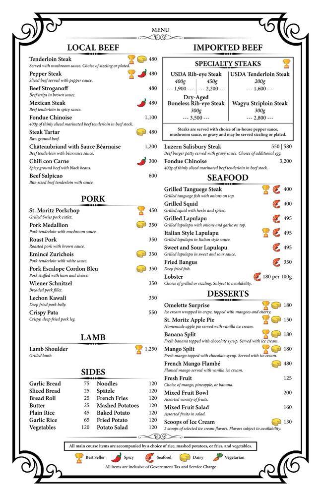 Menu at Luzern Steakhouse, Cebu City