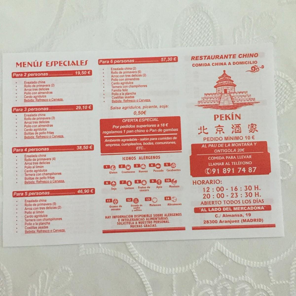 Menu at Pekin restaurant, Aranjuez