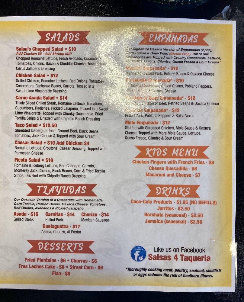 Menu at Salsas 4 Taqueria desserts, Newington