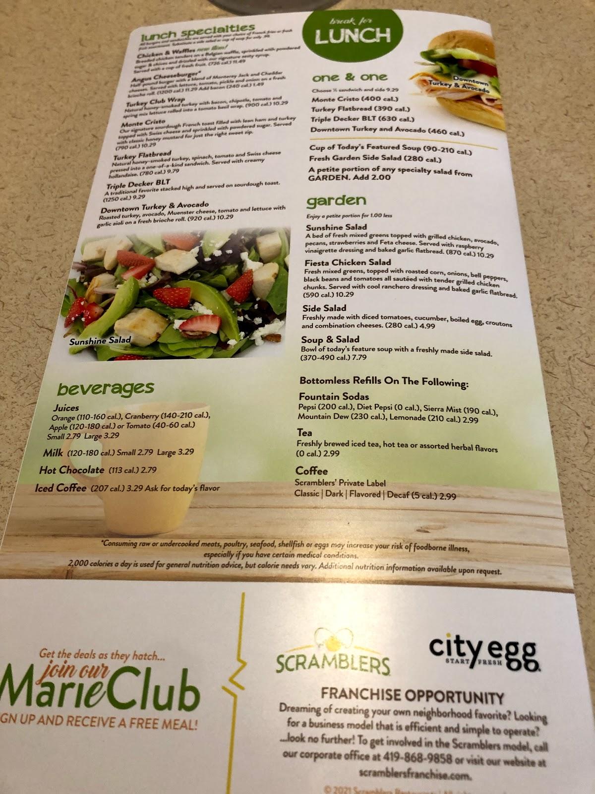 Menu at Scramblers restaurant, Findlay