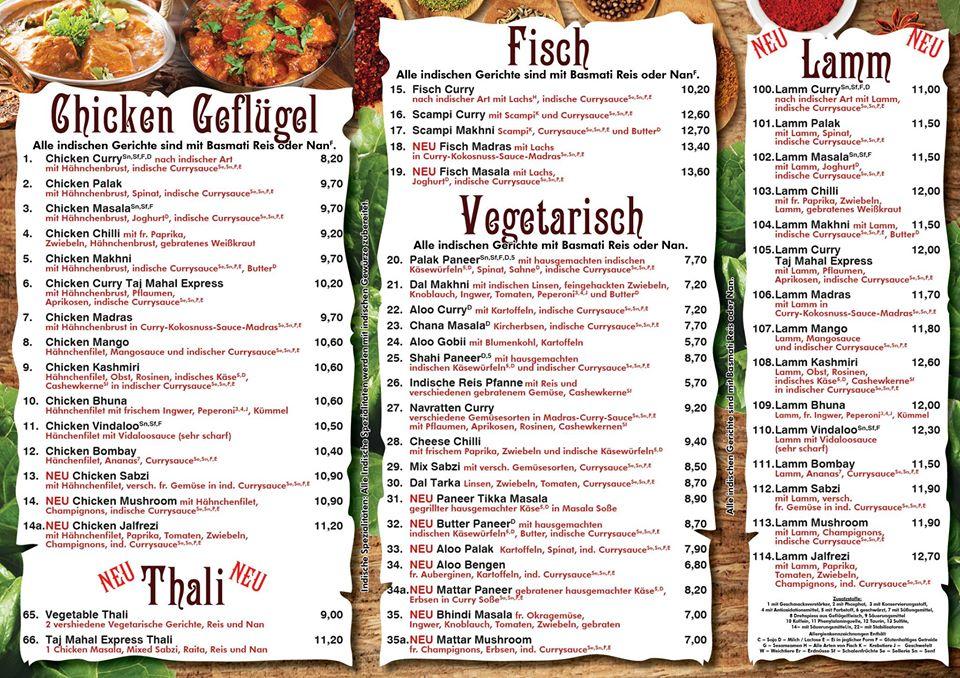 Menu at Taj Mahal Express restaurant, Minden