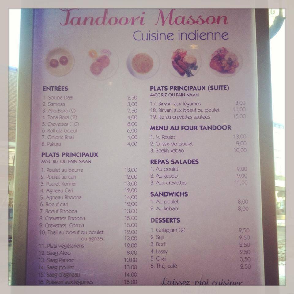 Menu at Tandoori Masson restaurant, Montréal, Rue Masson