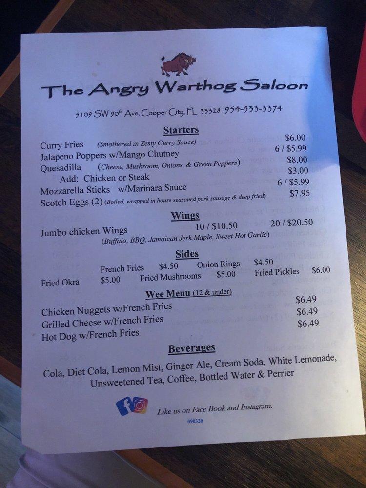 Menu at The Angry Warthog Saloon pub & bar, Cooper City