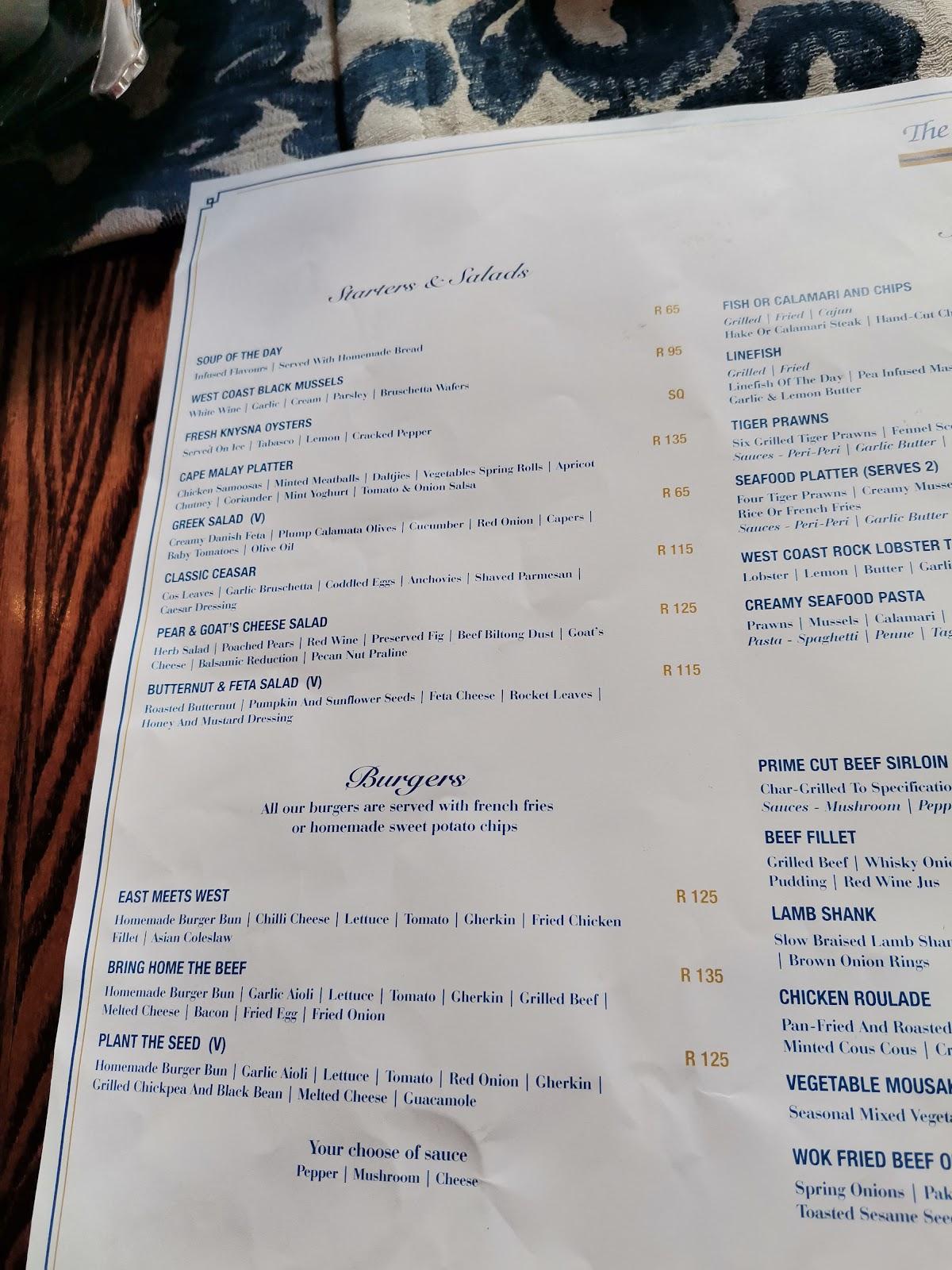 Menu at The Clipper restaurant, Cape Town