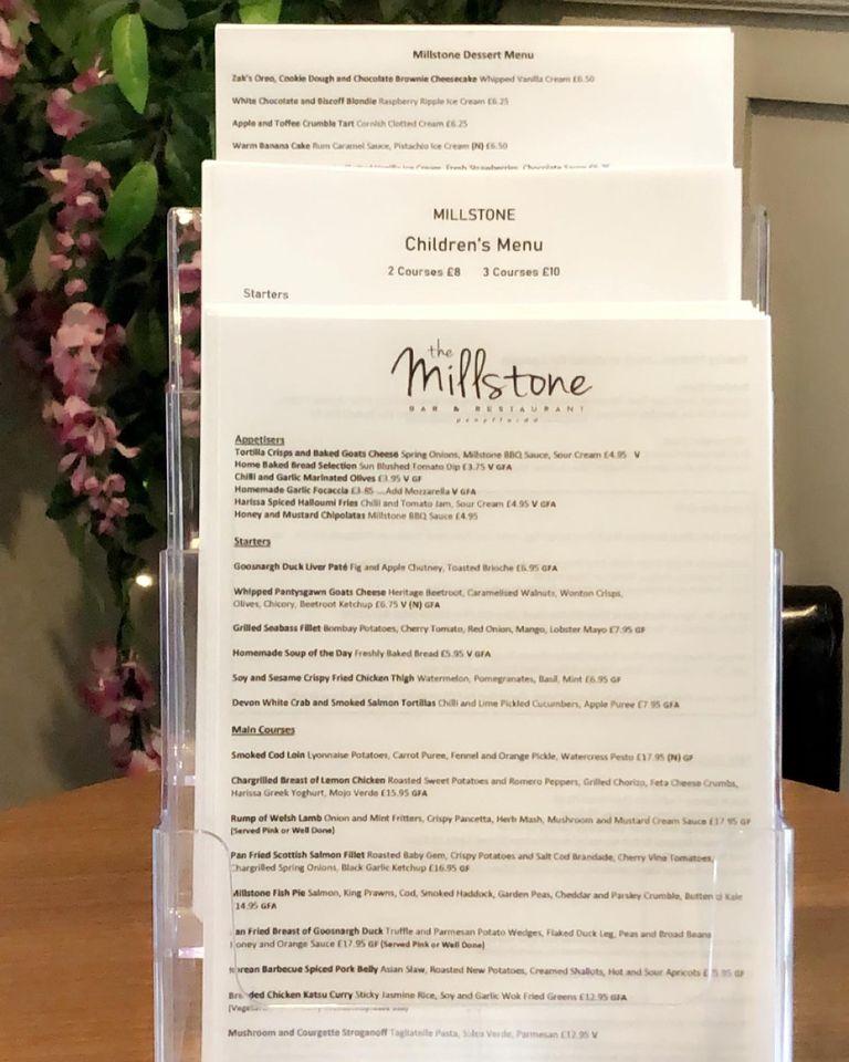 Menu at The Millstone restaurant, Penyffordd