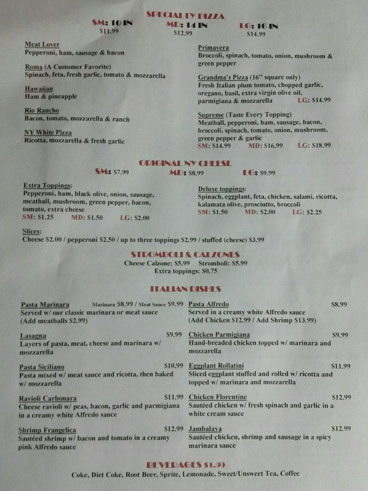 Menu at Tony and Al's Deli pizzeria, Starke