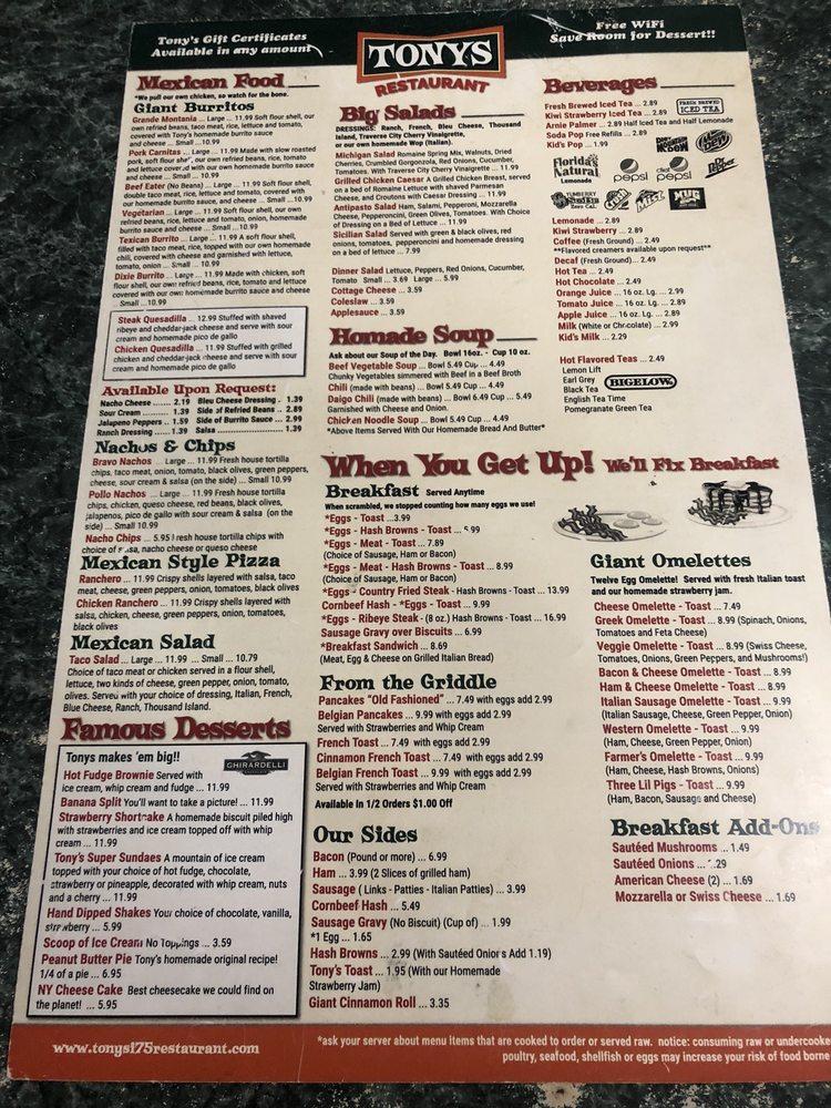 Menu at Tony's I75 Restaurant, Birch Run