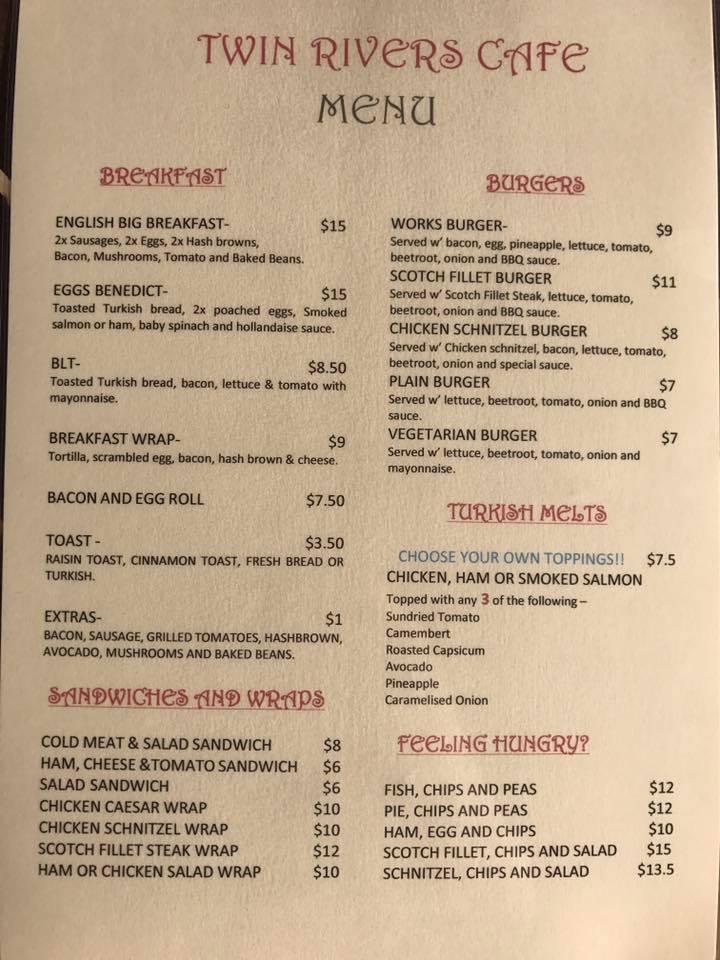 Menu at Twin Rivers Cafe, East Gresford