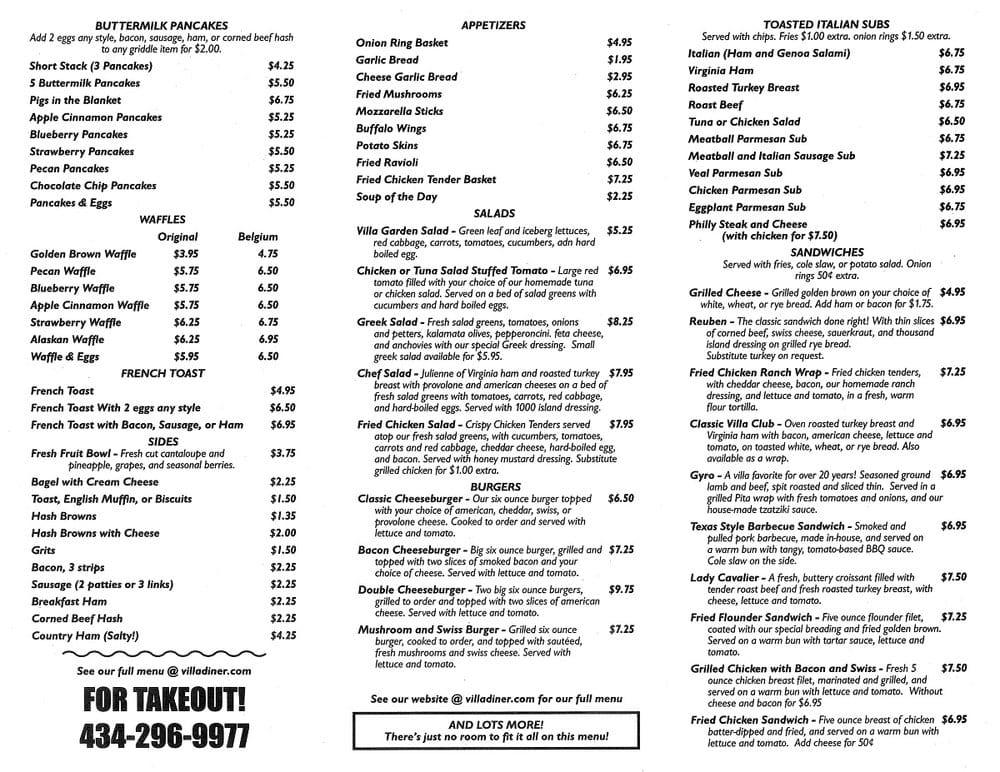 Menu at Villa Diner restaurant, Charlottesville