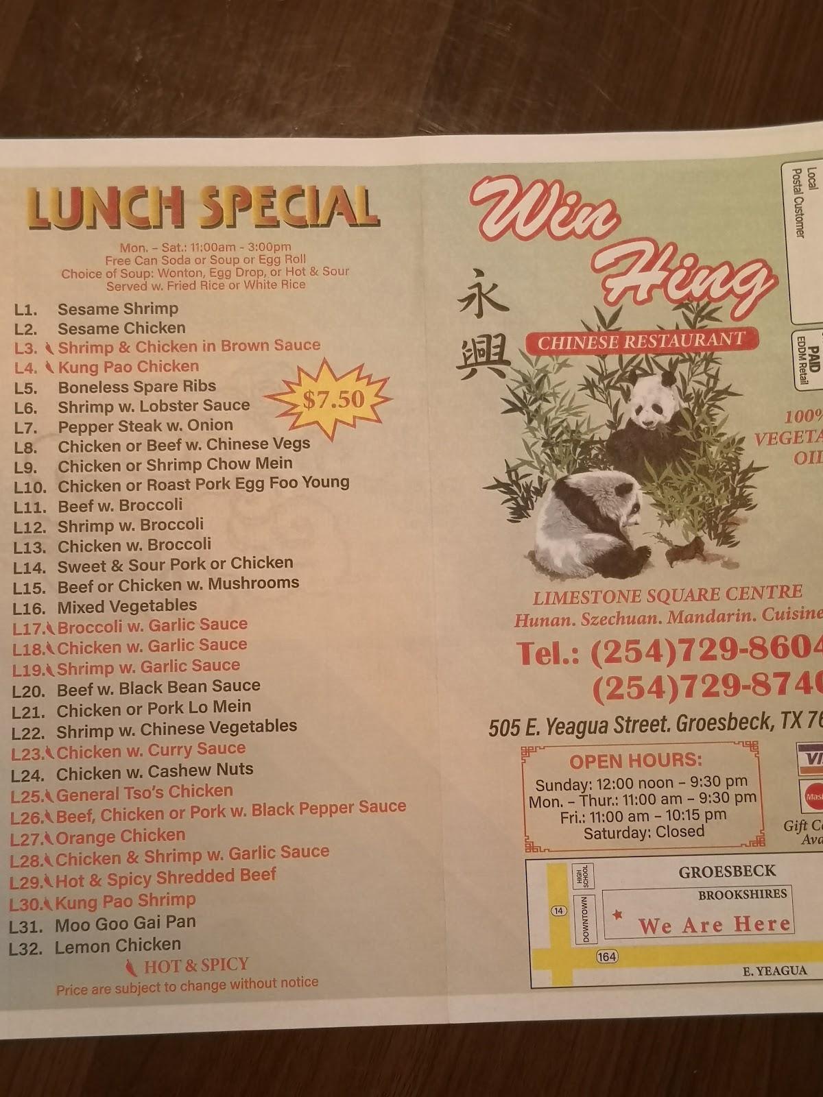 Menu at Win Hing Chinese Restaurant, Groesbeck