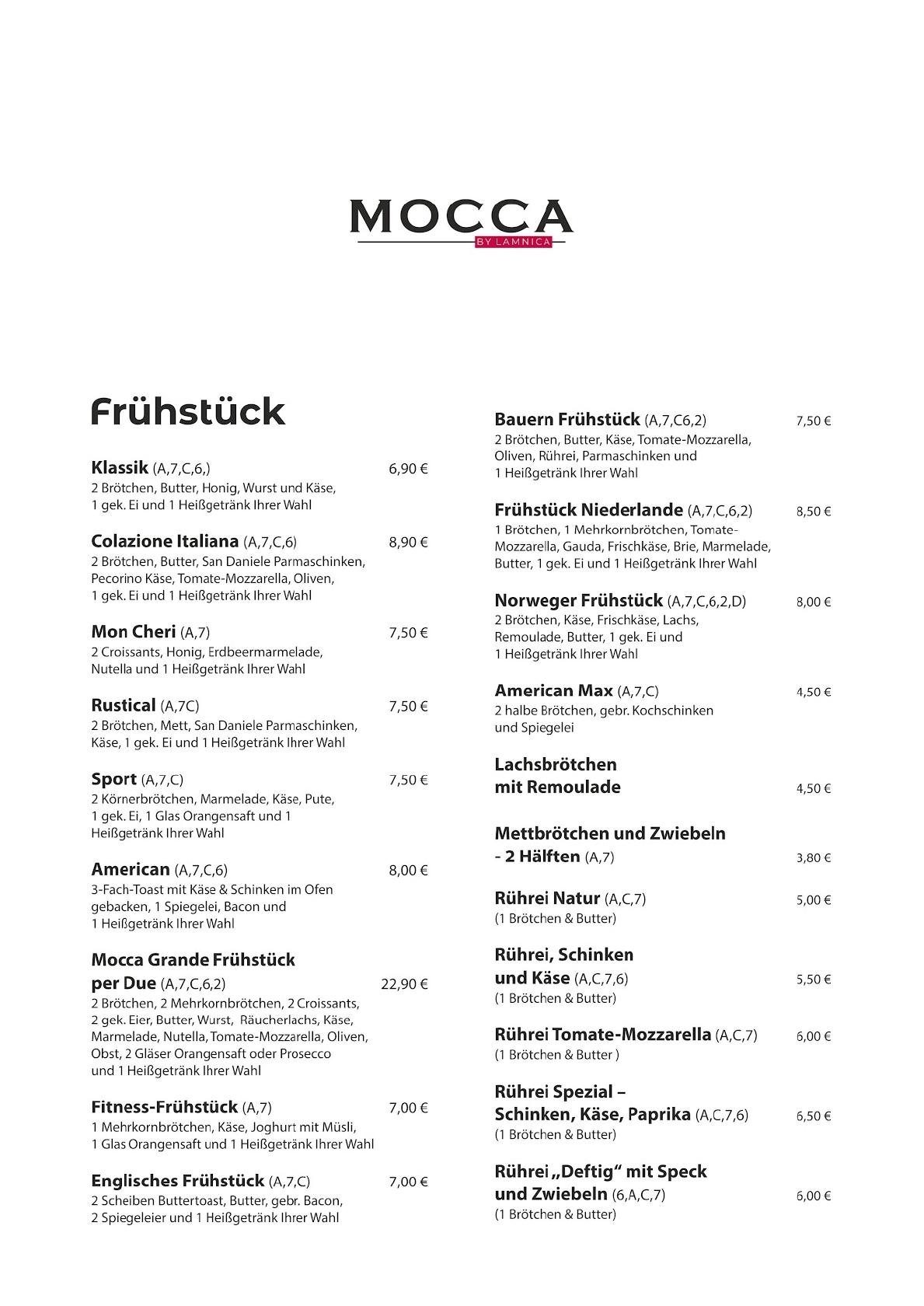 Speisekarte von Café Mocca restaurant, Essen