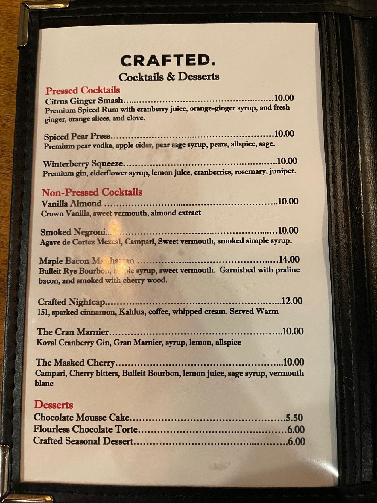 Menu at Crafted. pub & bar, St. Louis