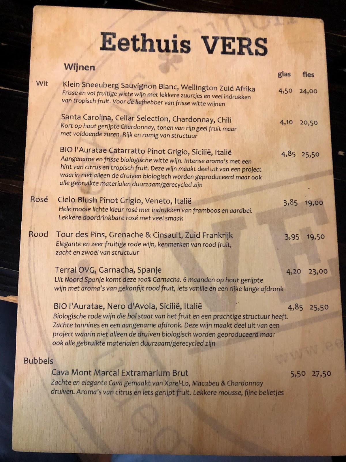 Menu at Eethuis VERS, Utrecht, Oudegracht 210