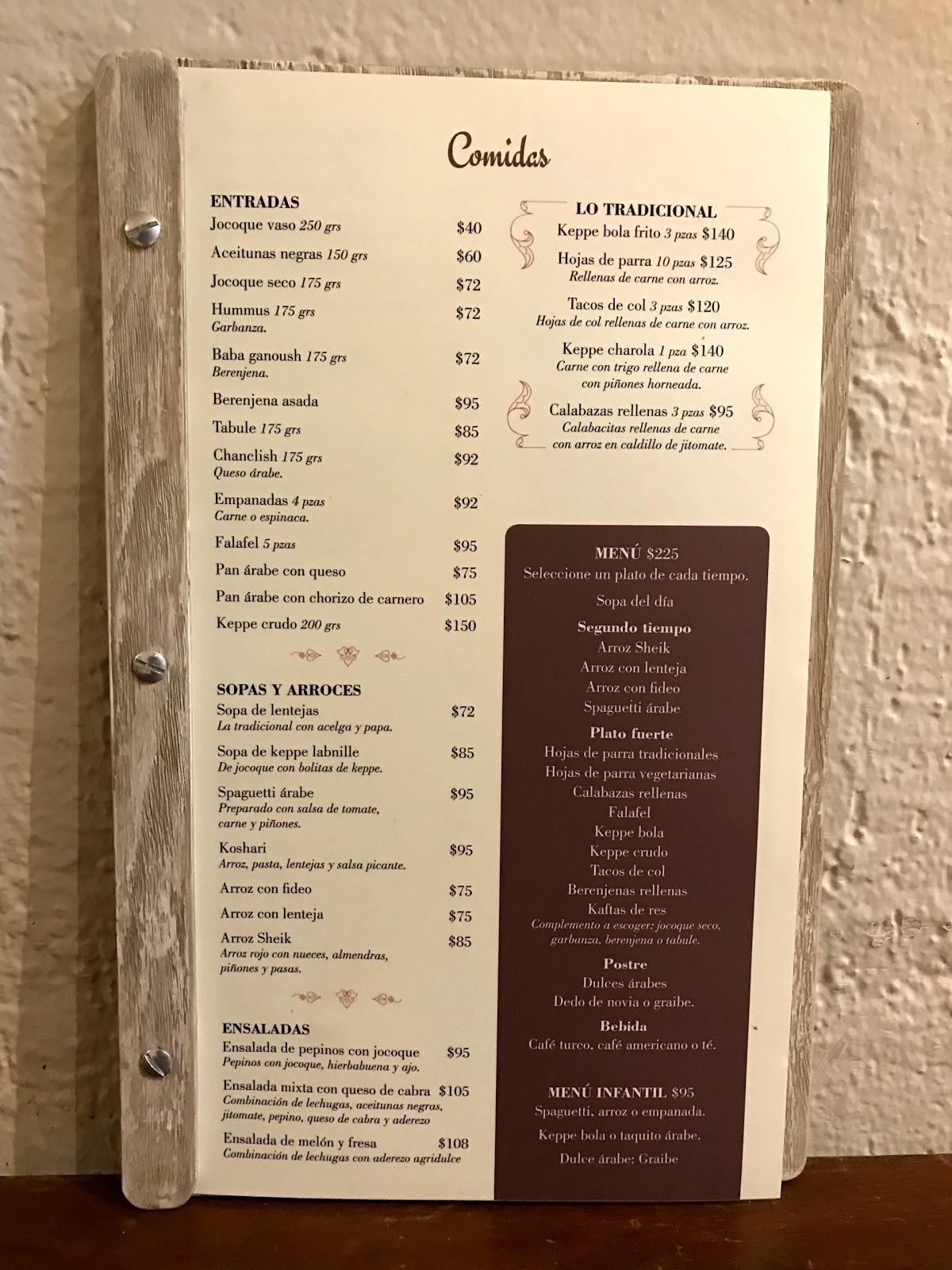 Carta del restaurante El Sheik, Ciudad del México, C. Madrid 129