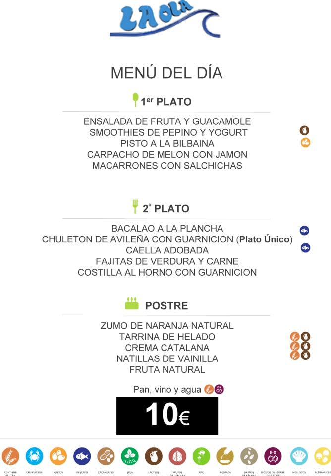 Menu at La Ola pub & bar, Valladolid