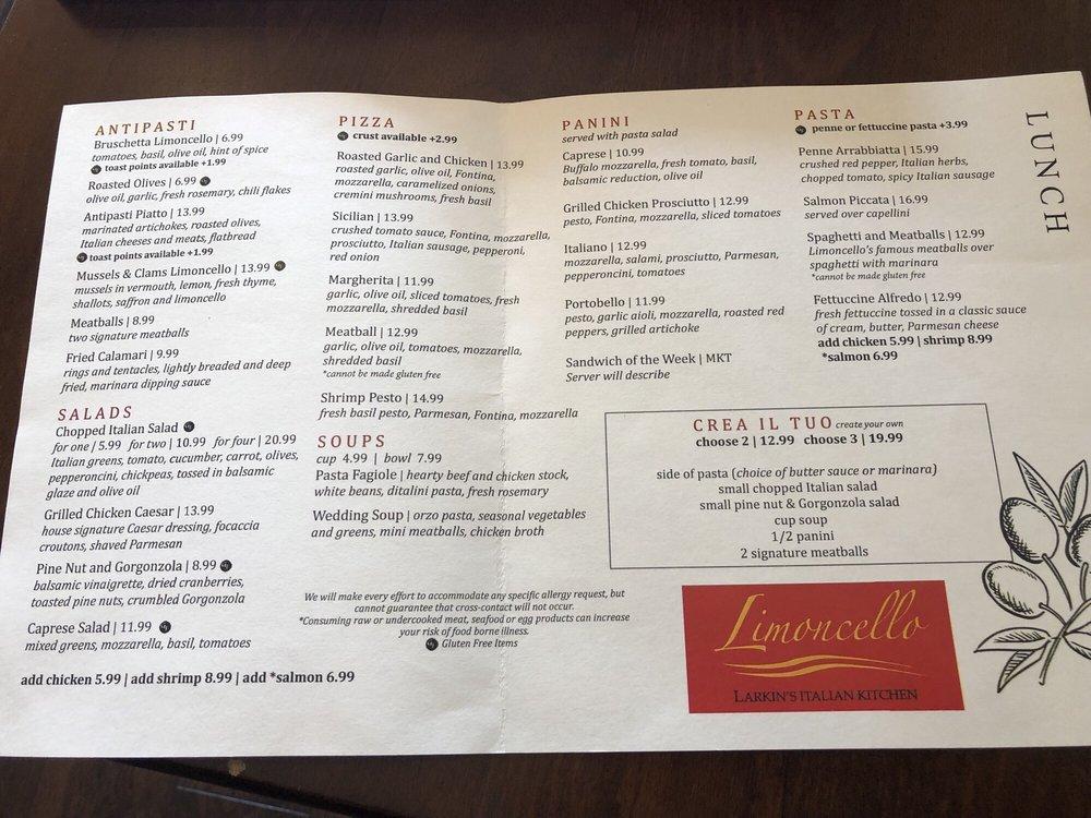 Menu at Limoncello restaurant, Greenville