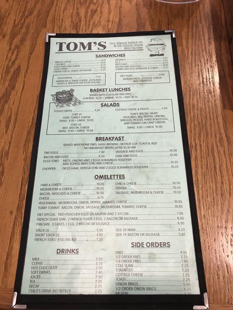Menu at Tom's restaurant, Lompoc, 115 E College Ave #13