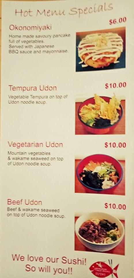 Menu at Youki's Japanese Take Away restaurant, Wonthaggi