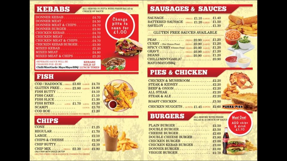 Menu at 3 Fryers fast food, Penistone
