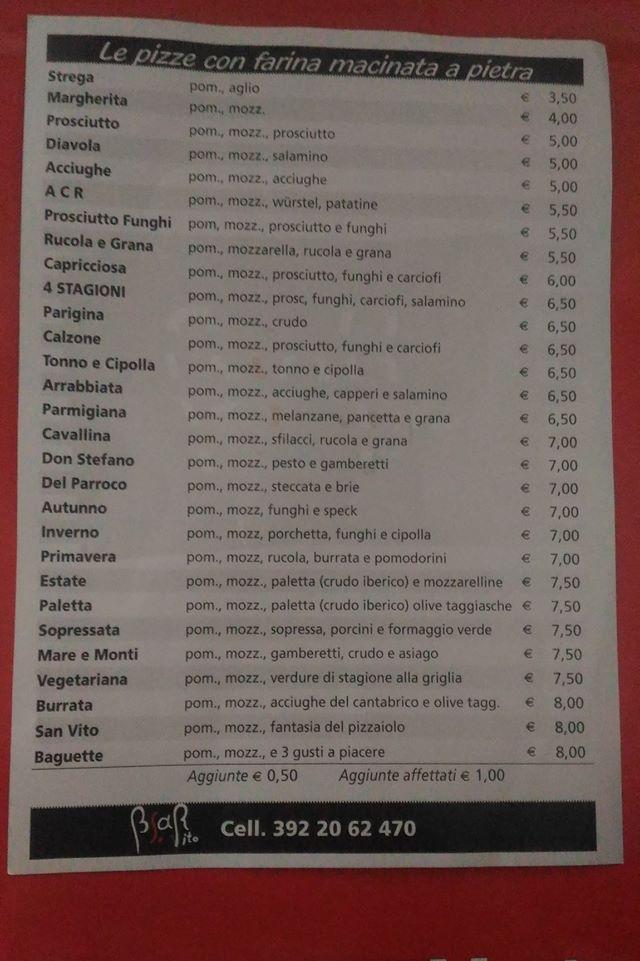 Menu da Bar San Vito, Noventa Vicentina